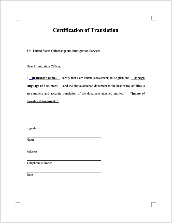 Certification Of Translation for USCIS Kylie Huang Law